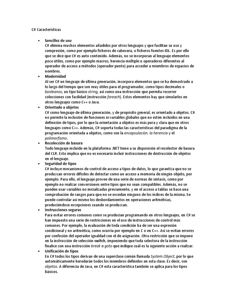 Caracteristicas de Java y C# | Descargar gratis PDF | C Sharp (lenguaje ...
