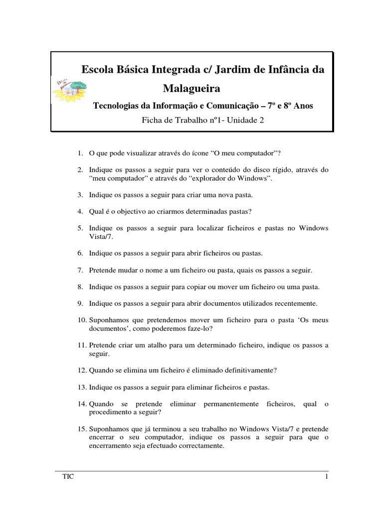 Fichas de Trabalho No1 e No2 | PDF | Arquivo de computador | Microsoft ...