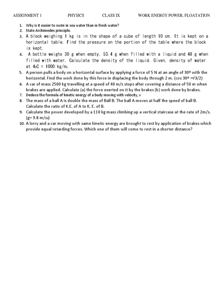 Assignment 1 Physics Class Ix Work Energy Power | PDF | Social Science ...
