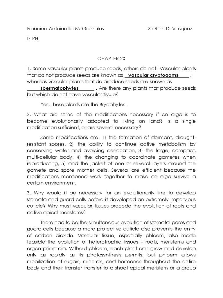 Botany Assignment - Chapter 20 | PDF | Moss | Plant Morphology