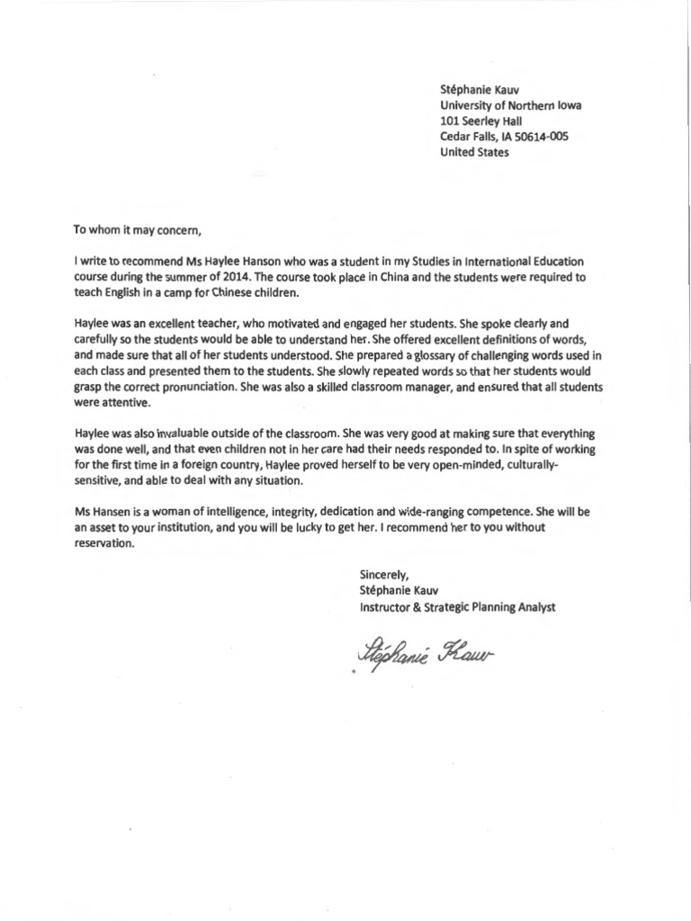 Haylee Hanson Letter of Recommendation | PDF