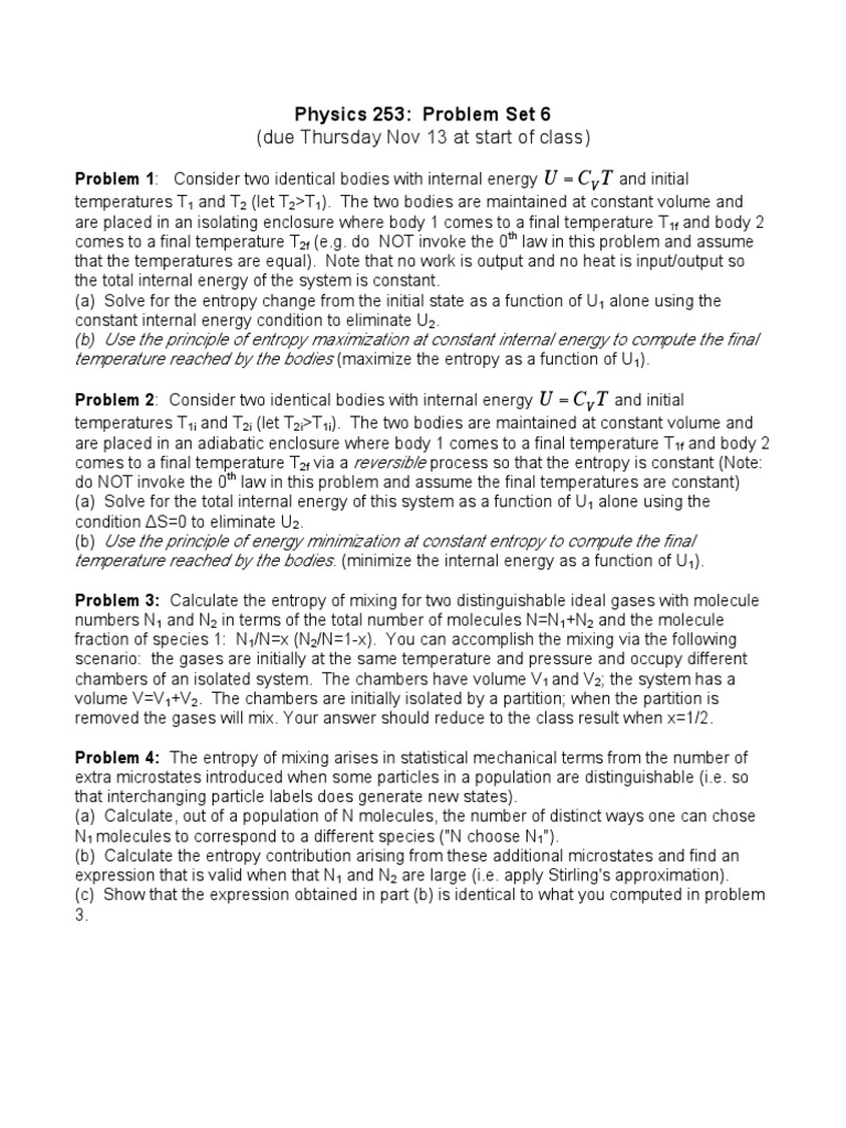 Physics 253 Problem Set 6 entropy mixing gases | PDF | Entropy | Temperature