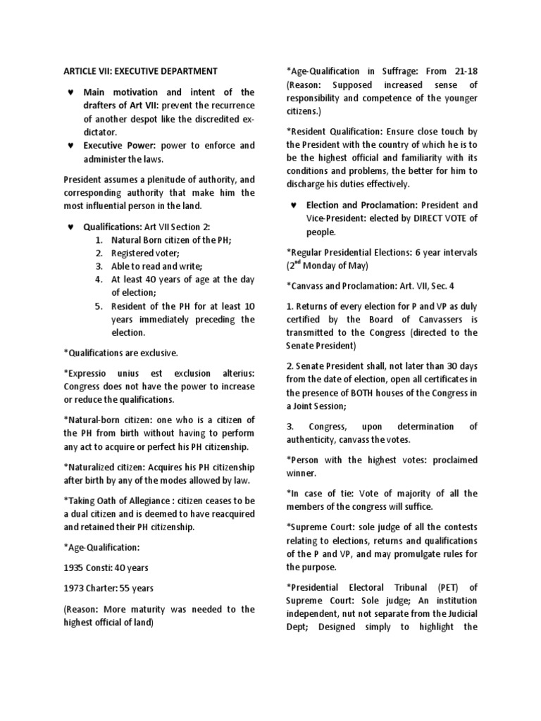 Article VII Executive Dept Lecture Notes-Isagani Cruz | Download Free ...