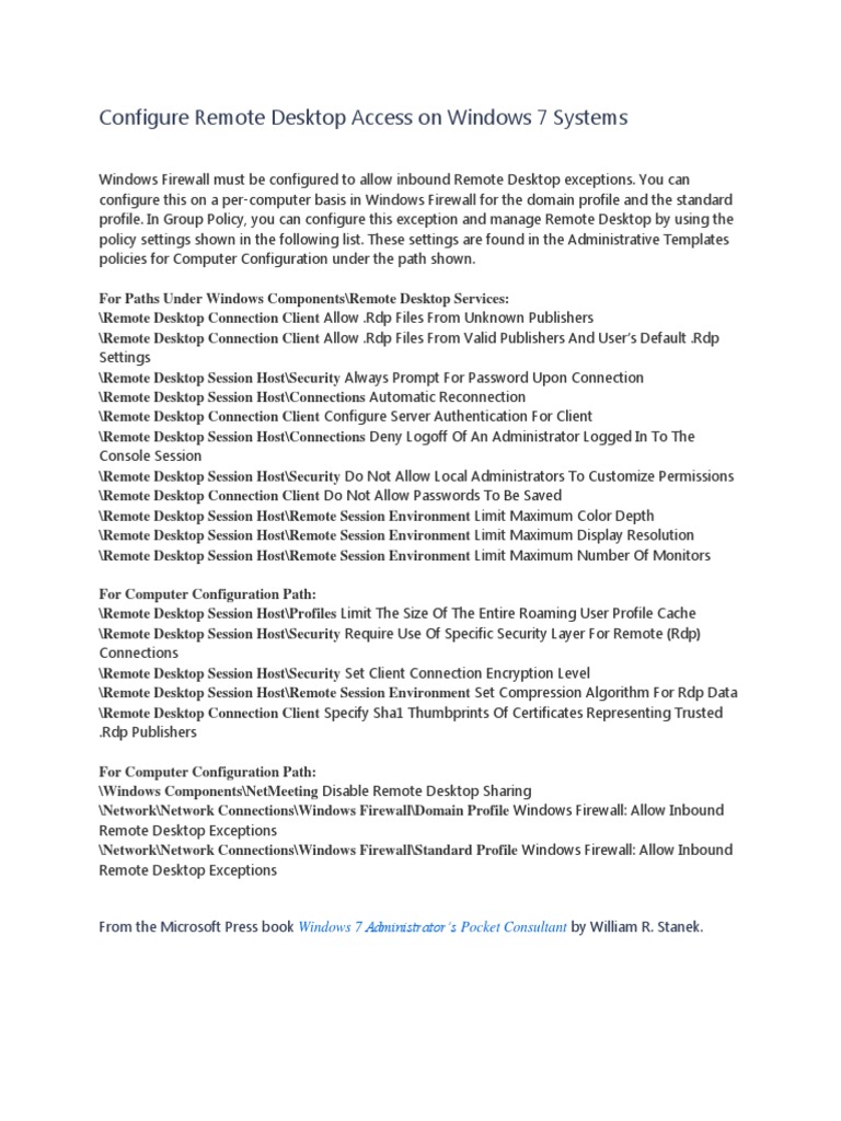 Configure Remote Desktop Access On Windows 7 Systems | PDF | Business ...