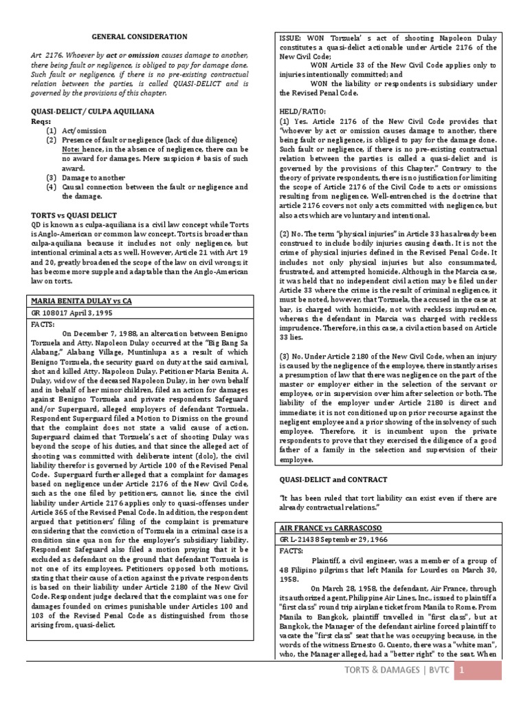 TORTS & DAMAGES: ANALYSIS OF QUASI-DELICT, CONTRACTUAL LIABILITY, AND ...