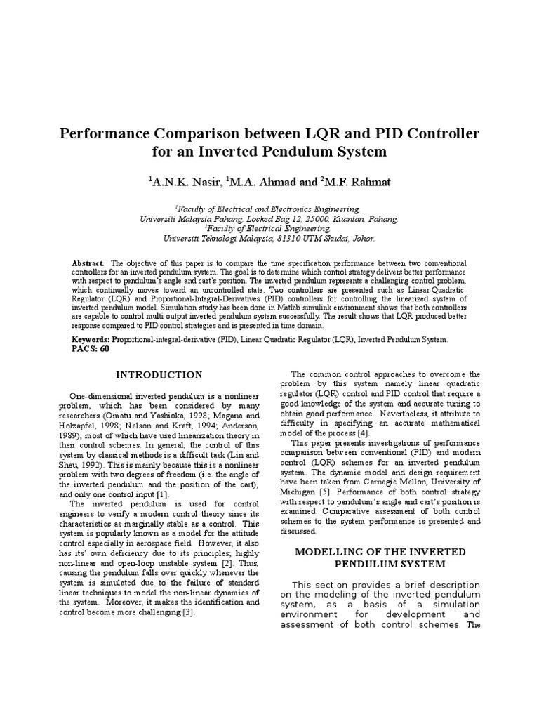Performance Comparison Between LQR and PID Controller For An Inverted Pendulum System | PDF ...