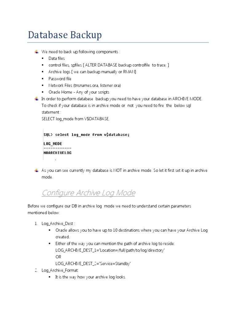 Database Backup Configure Archive Log Mode Pdf Oracle Database Backup