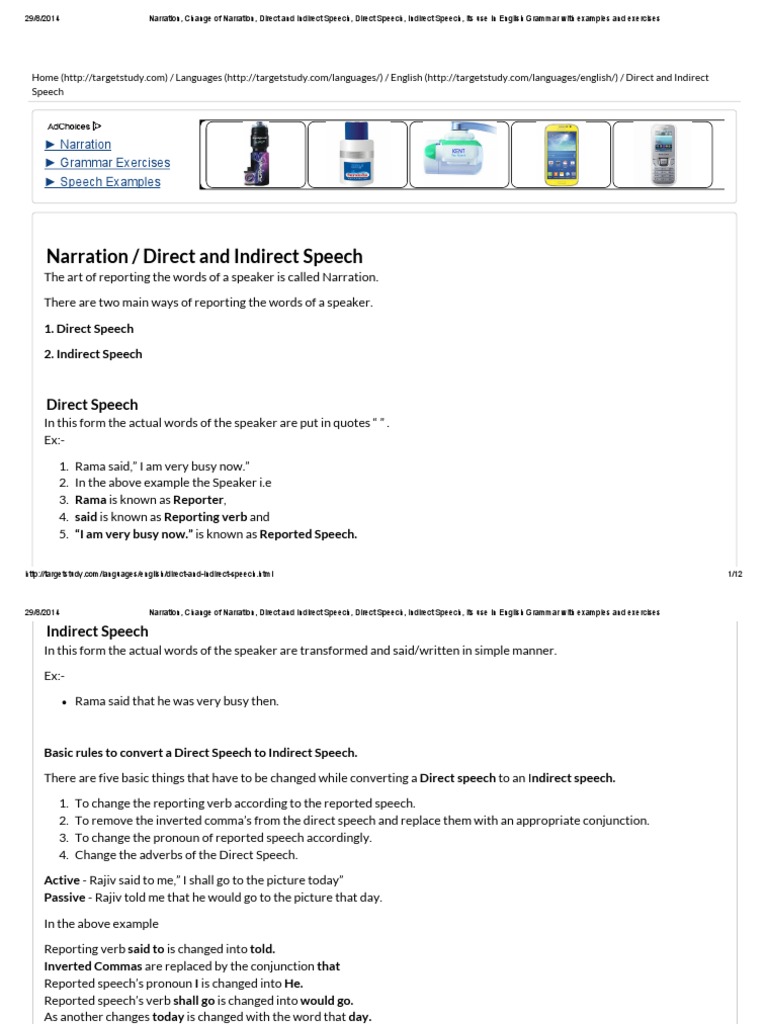 Narration, Change of Narration, Direct and Indirect Speech, Direct ...