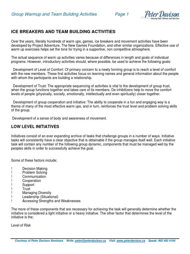 Group Warmup and Team Building Activities | PDF | Trust (Emotion) | Goal
