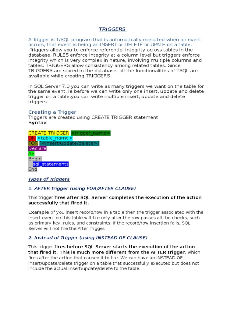A Trigger Is T/SQL Program That Is Automatically Executed When An Event Occurs, That Event Is ...