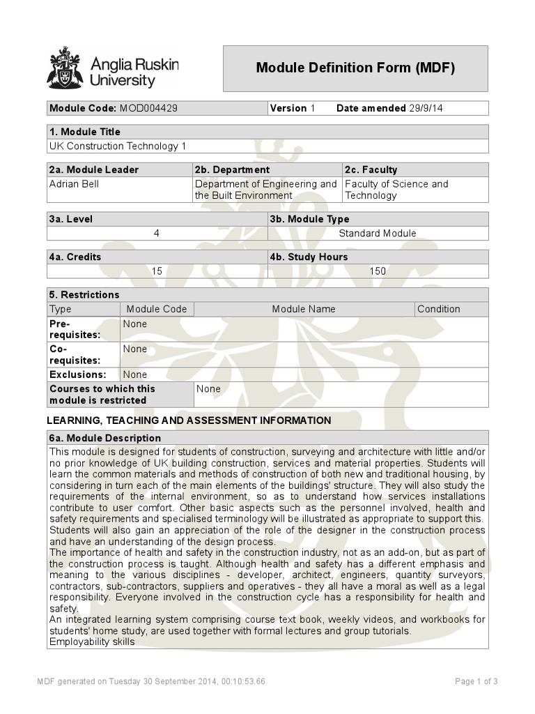 Module Definition Form (MDF) : MDF Generated On Tuesday 30 September ...