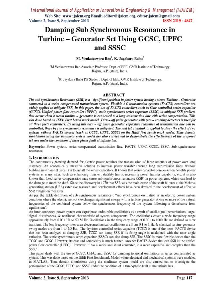 Damping Sub Synchronous Resonance in Turbine - Generator Set Using GCSC, UPFC and SSSC | PDF