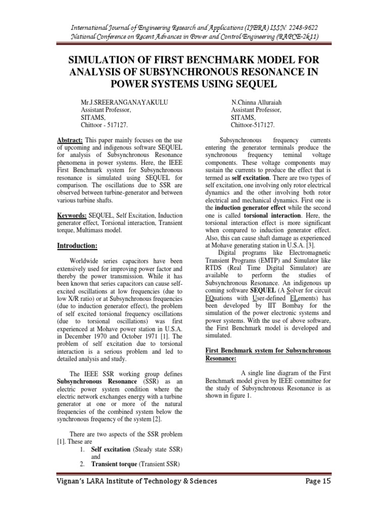 Simulation of First Benchmark Model For Analysis of Subsynchronous Resonance in Power Systems ...