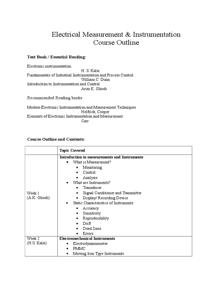 Electrical Measurement & Instrumentation Course Outline: Text Book ...