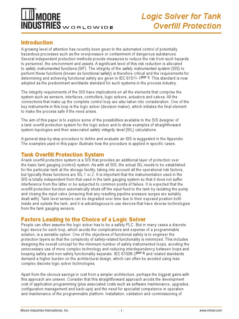 Logic Solver For Tank Overfill Protection: Moore Industries ...
