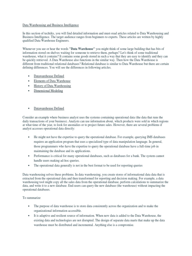 Data Warehousing for Business Intelligence | PDF | Data Warehouse ...