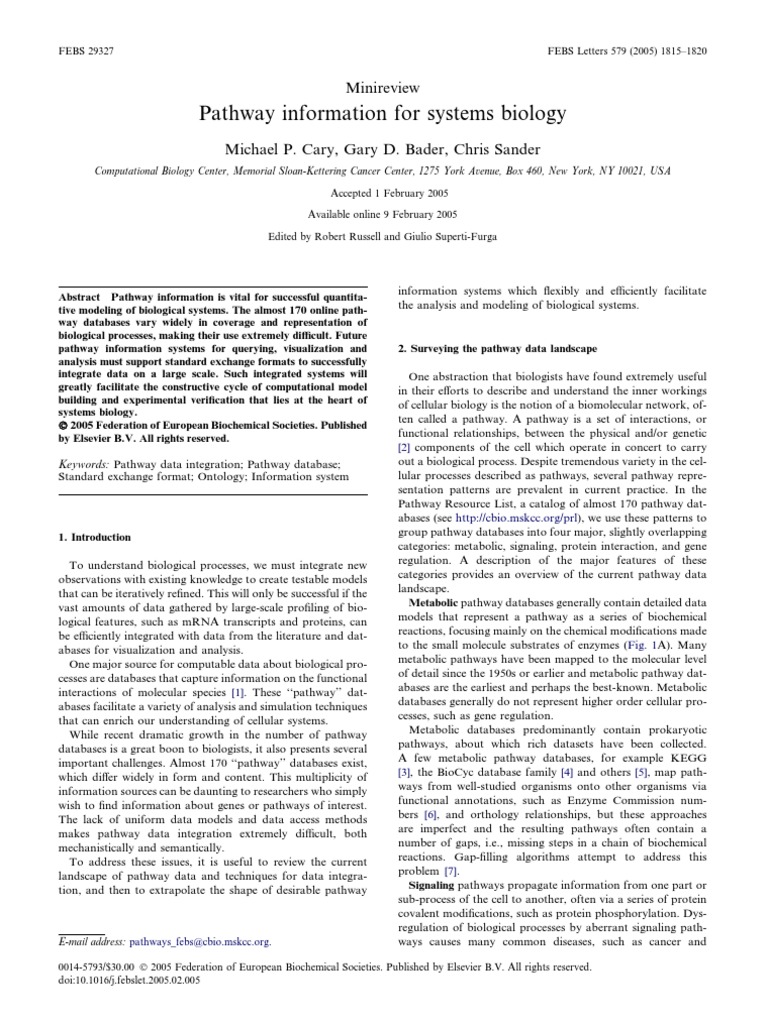 2005 PathwayInformationForSystemsBiology Cary Bader Sander FEBSLetters ...