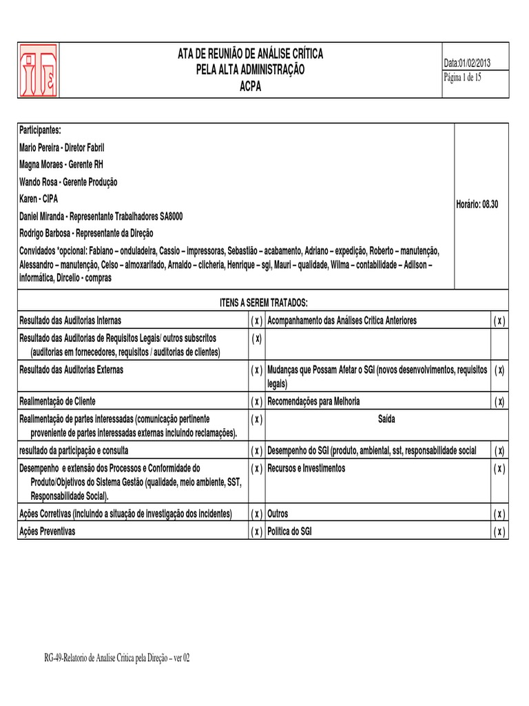 Modelo de Ata de Reunião Integrada | Qualidade (Negócios ...