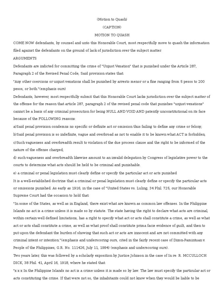 Motion To Quash | PDF | Prosecutor | Crime & Violence