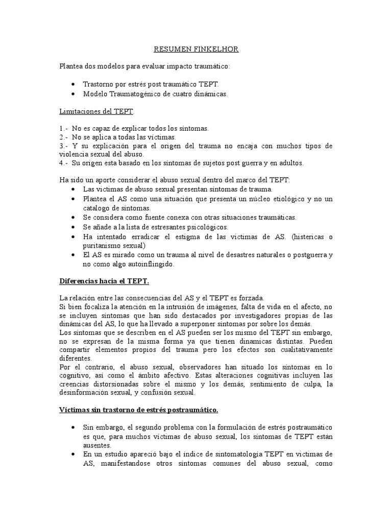 Resumen Finkelhor | PDF | Trastorno de estrés postraumático | Trauma ...