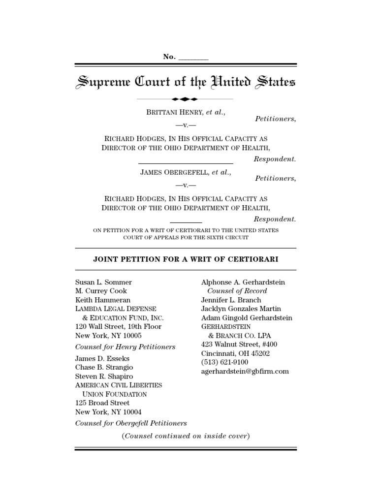 Ohio Marriage Petition | Obergefell V. Hodges | Fourteenth Amendment To ...