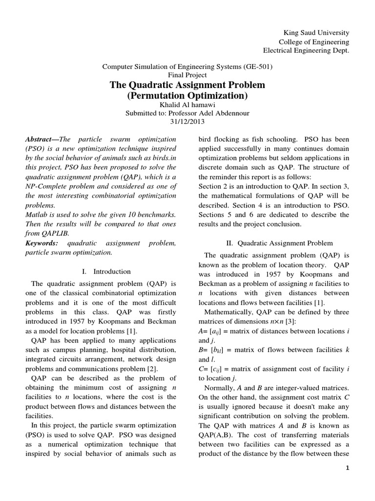 The Quadratic Assignment Problem (Permutation Optimization) | PDF ...