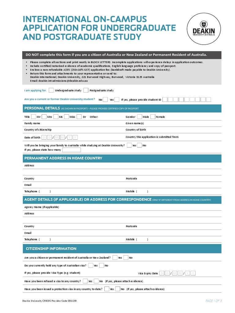 Deakin Application Form | PDF | Travel Visa | Postgraduate Education