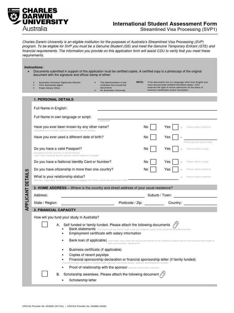 International Student Assessment Form - SVP1 | Travel Visa | Government ...