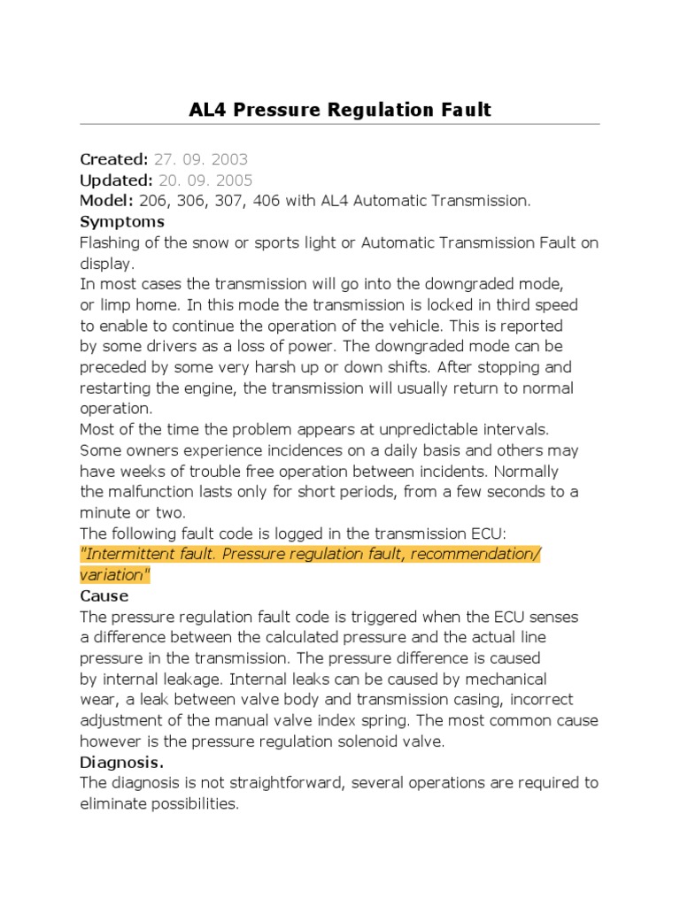 AL4 Transmission Pressure Fault Guide | PDF | Transmission (Mechanics ...