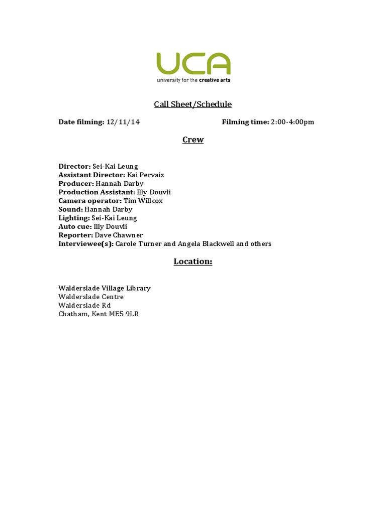Call Sheet/Schedule: Walderslade Village Library | PDF