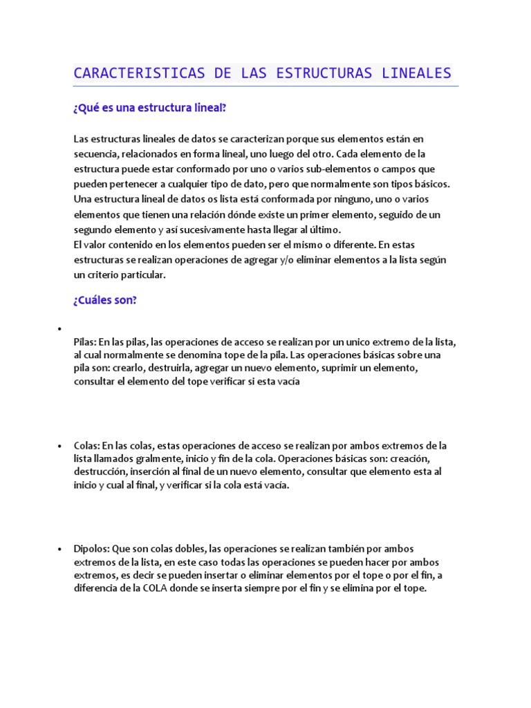 Caracteristicas de Las Estructuras Lineales | PDF | Estructura de datos ...