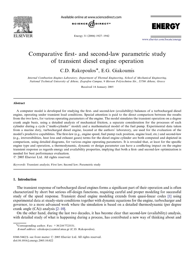Comparative First-And Second-Law Parametric Study of Transient Diesel ...