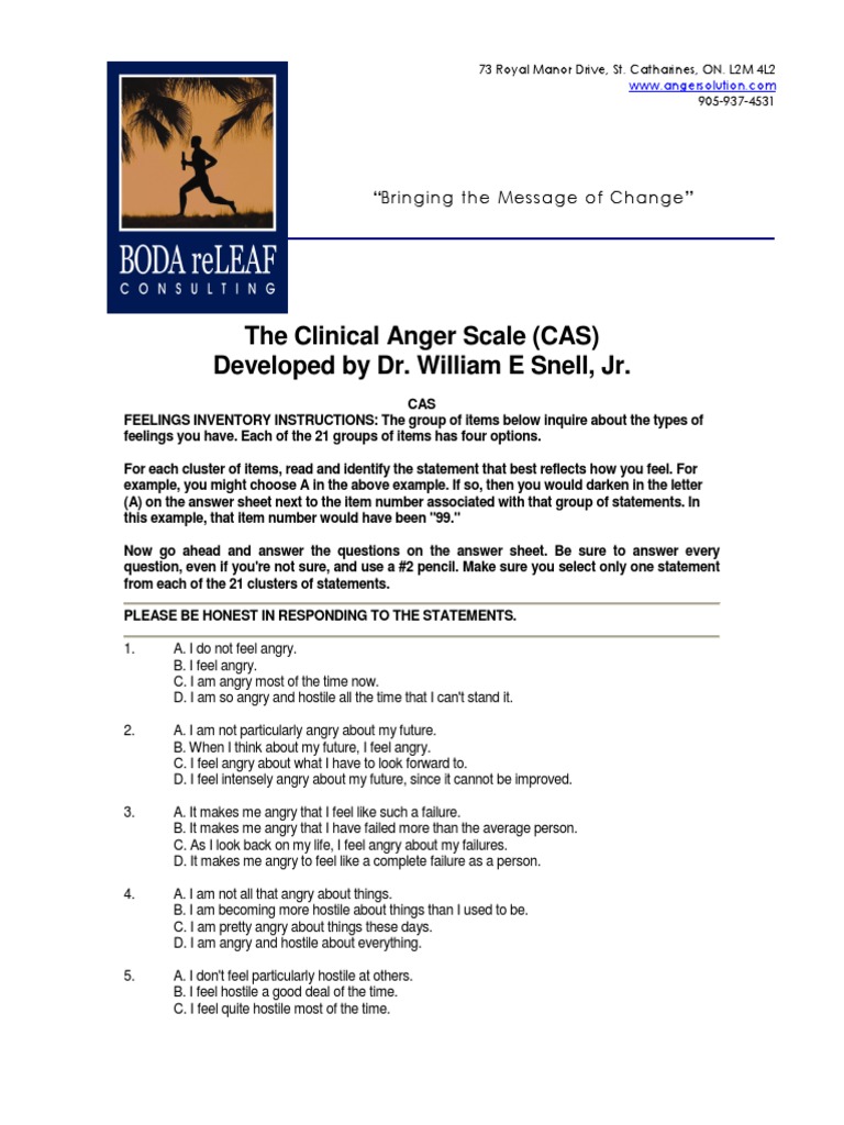 The Clinical Anger Scale (CAS) Developed by Dr. William E Snell, JR ...