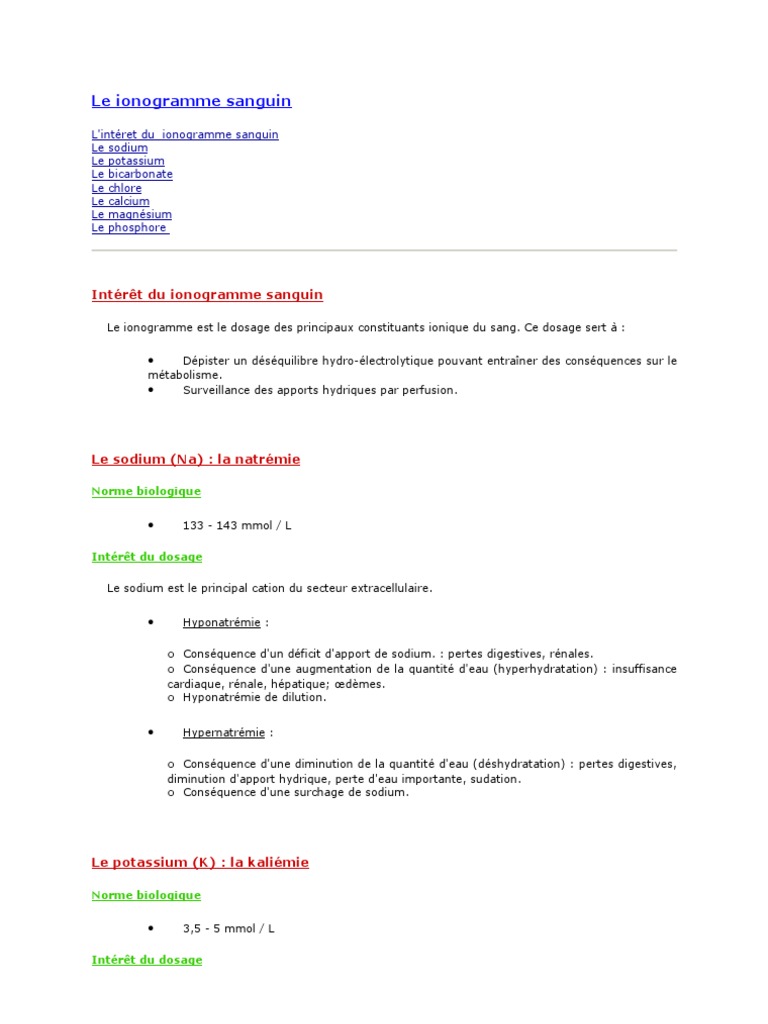 Le Ionogramme Sanguin | PDF | Potassium | Régime et nutrition