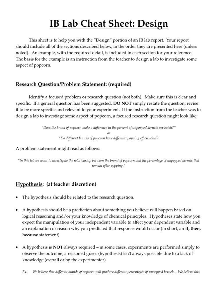 IB Lab Cheat Sheet - Design | PDF | Popcorn | Hypothesis