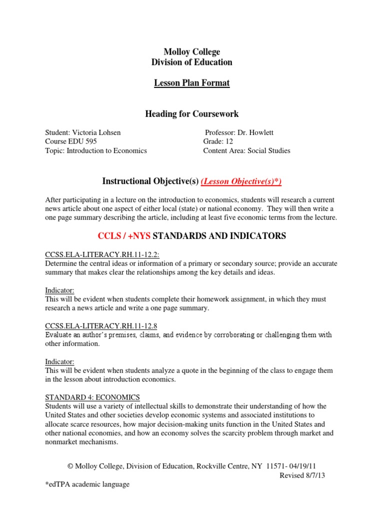 Introduction To Economics Lesson Plan | PDF | Homework | Economics