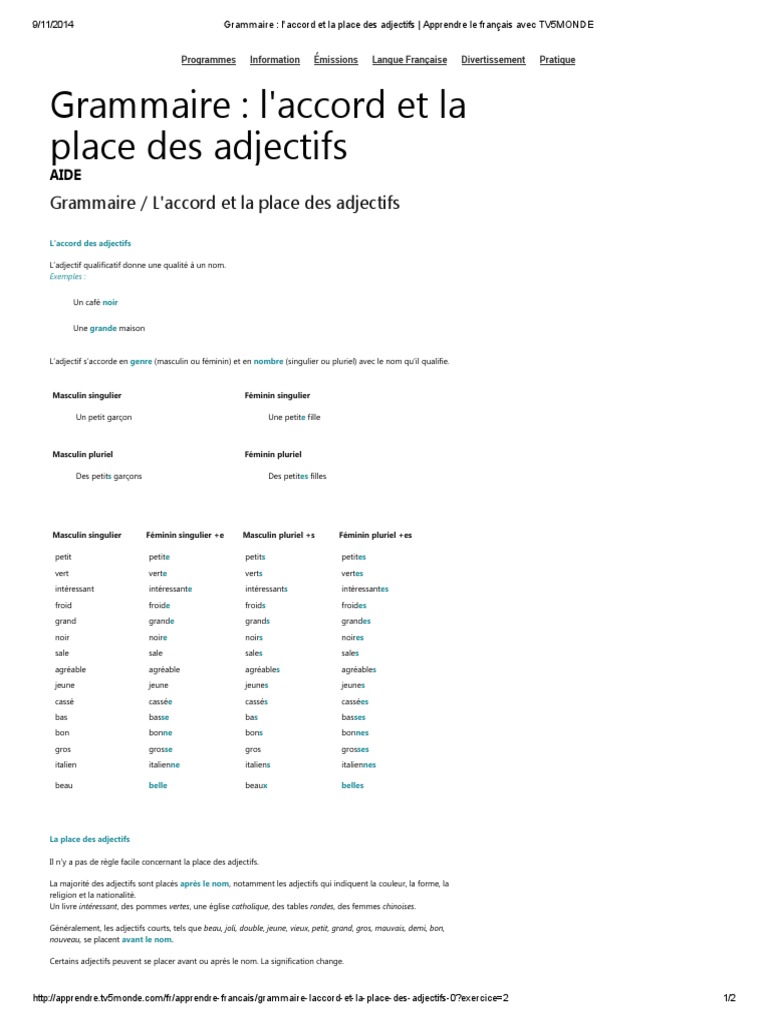 Accord et Position des Adjectifs | PDF | Genre grammatical | Nombre ...