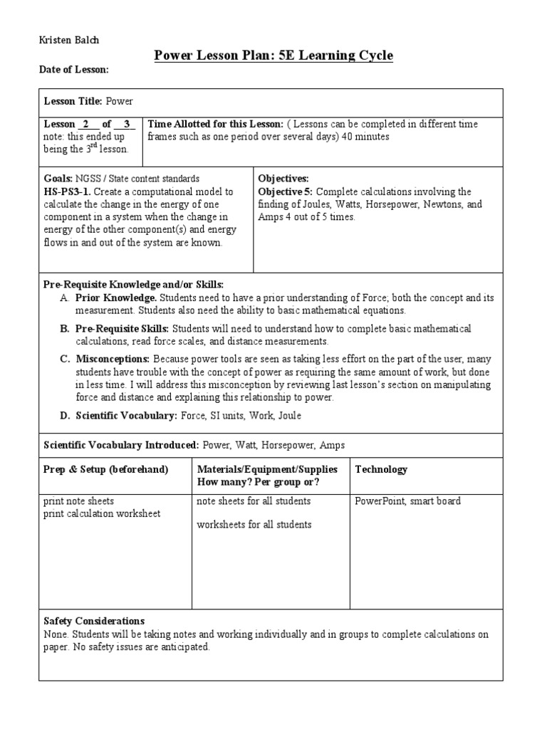 Power Lesson Plan: 5E Learning Cycle: NGSS / State Content Standards ...