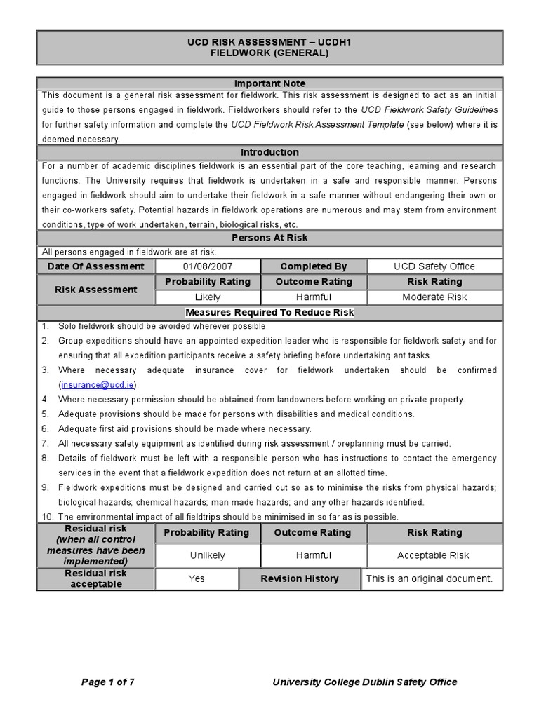 UCDH1 Fieldwork (General) Risk Assessment | PDF | Risk Assessment ...