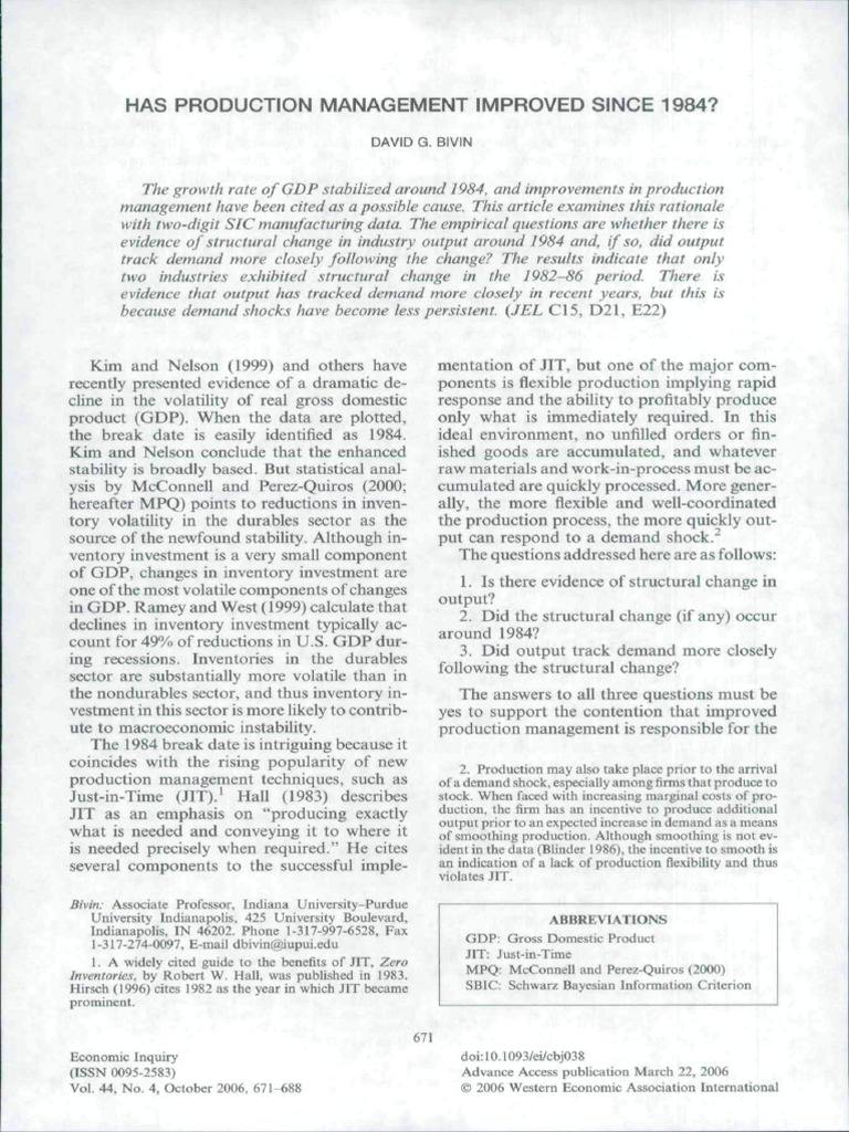 Has Production Management Improved Since 1984?: David G. Bivin | PDF ...