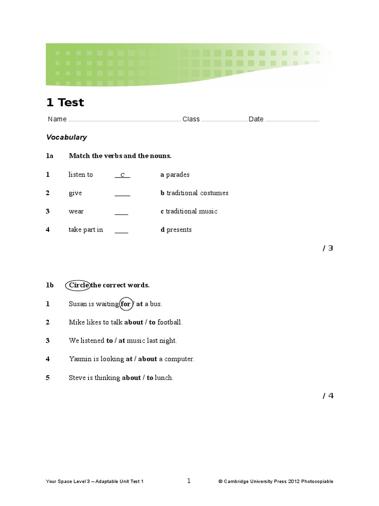 Level 3 Test 1 English A2 | Phrase | Linguistic Typology