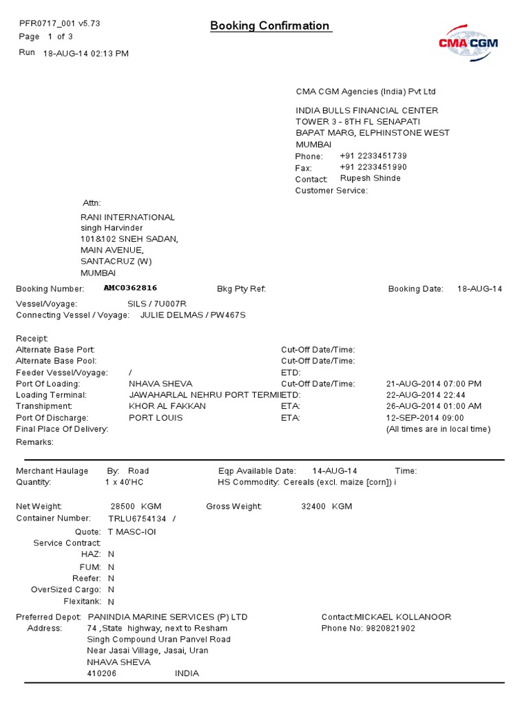 Booking Confirmation for Shipment of Cereals from India to Mauritius ...