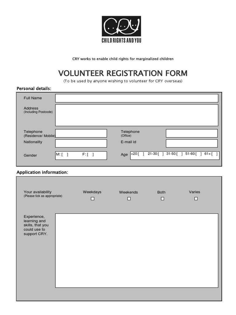 CRY Volunteer Registration Form | PDF | Volunteering | Public Sphere