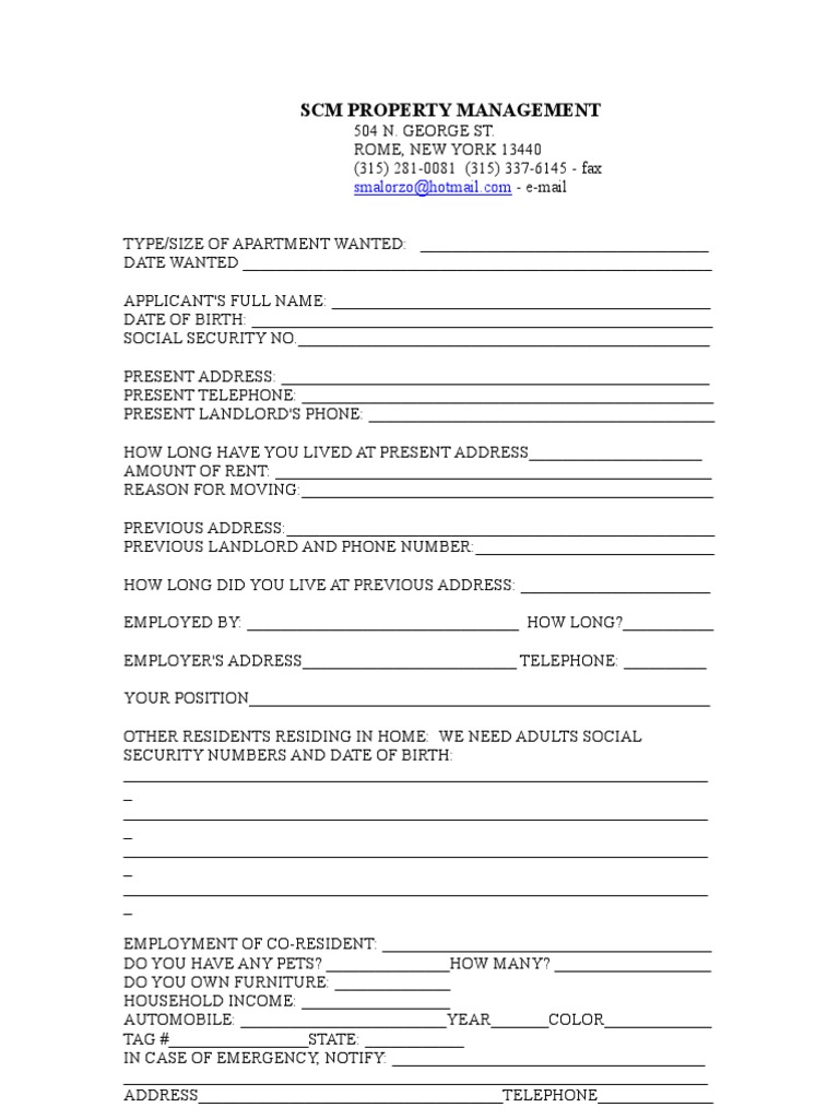 Apartment Application Form Template | PDF | Property Management | Landlord