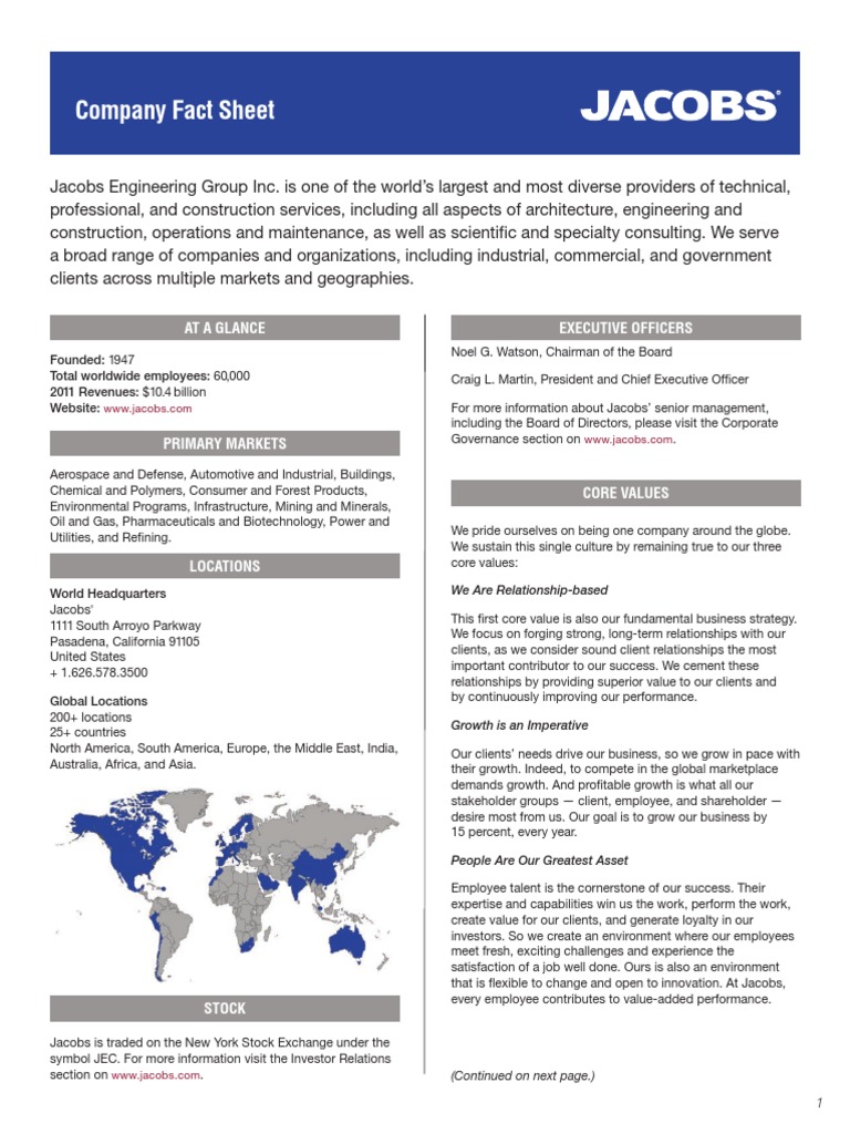 Jacobs Company Fact Sheet | PDF | Career & Growth