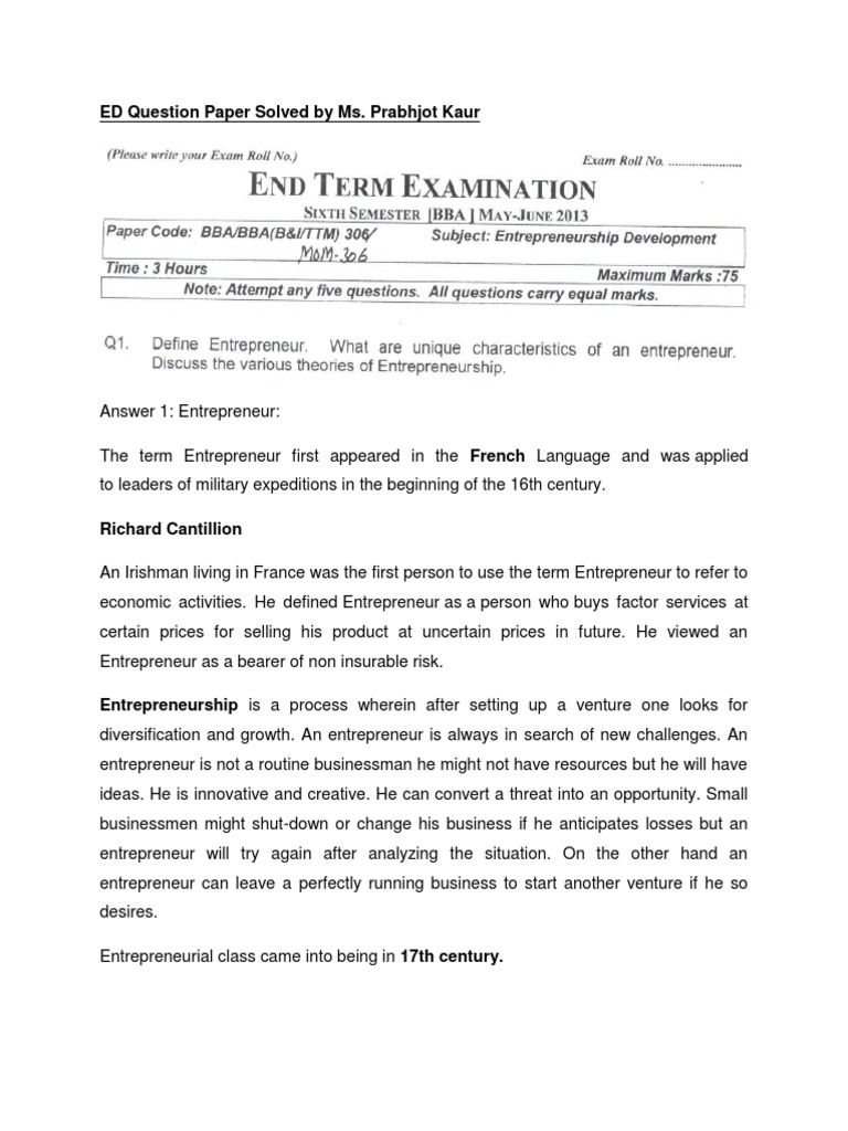 Entrepreneurial Development Question Paper Solved | PDF | Venture ...