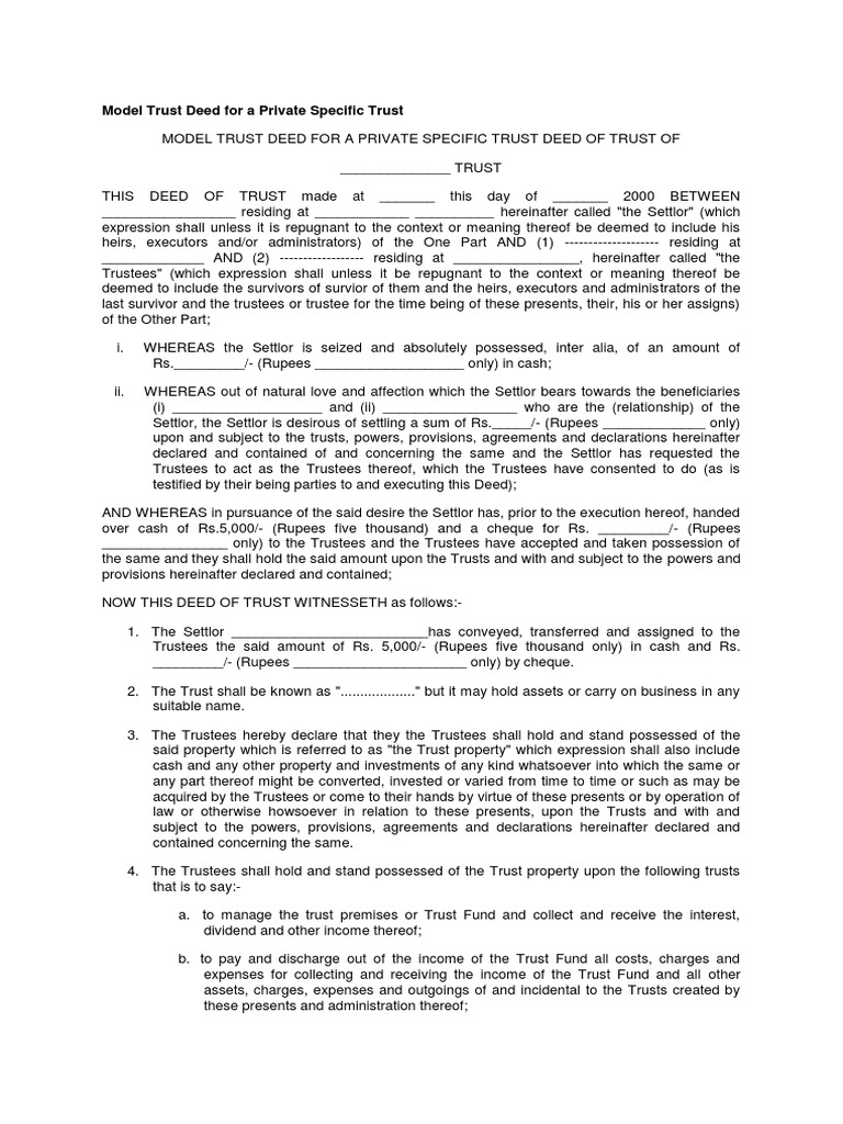 Model Trust Deed For A Private Specific Trust | Trust Law | Trustee