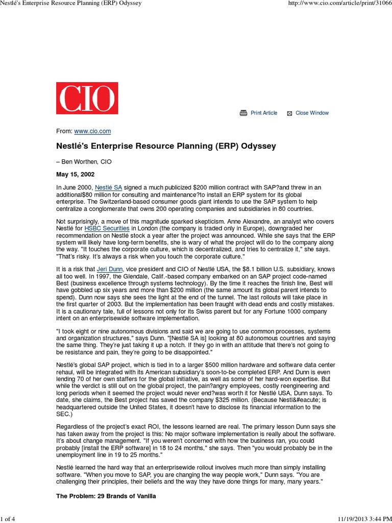 Nestlé's Enterprise Resource Planning (ERP) Odyssey | PDF | Supply ...