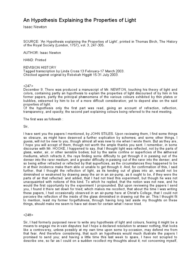 Hypothesis Explaining The Properties of Light | PDF | Light | Isaac Newton