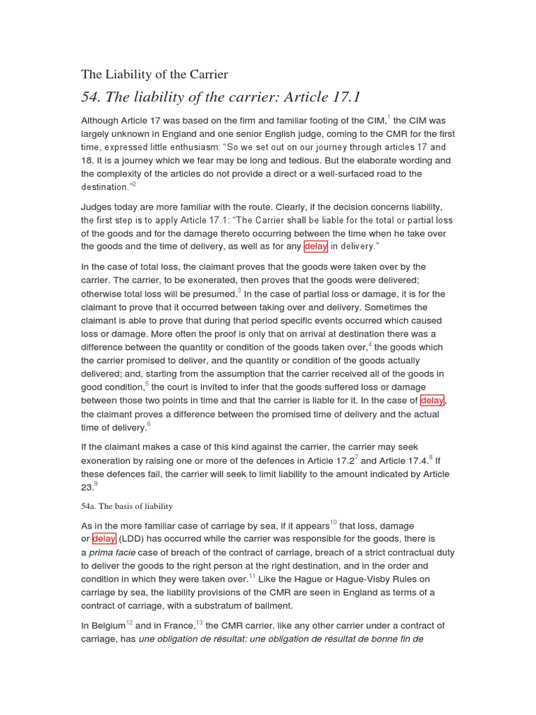The Liability of The Carrier - CMR | PDF | Causation (Law) | Legal ...